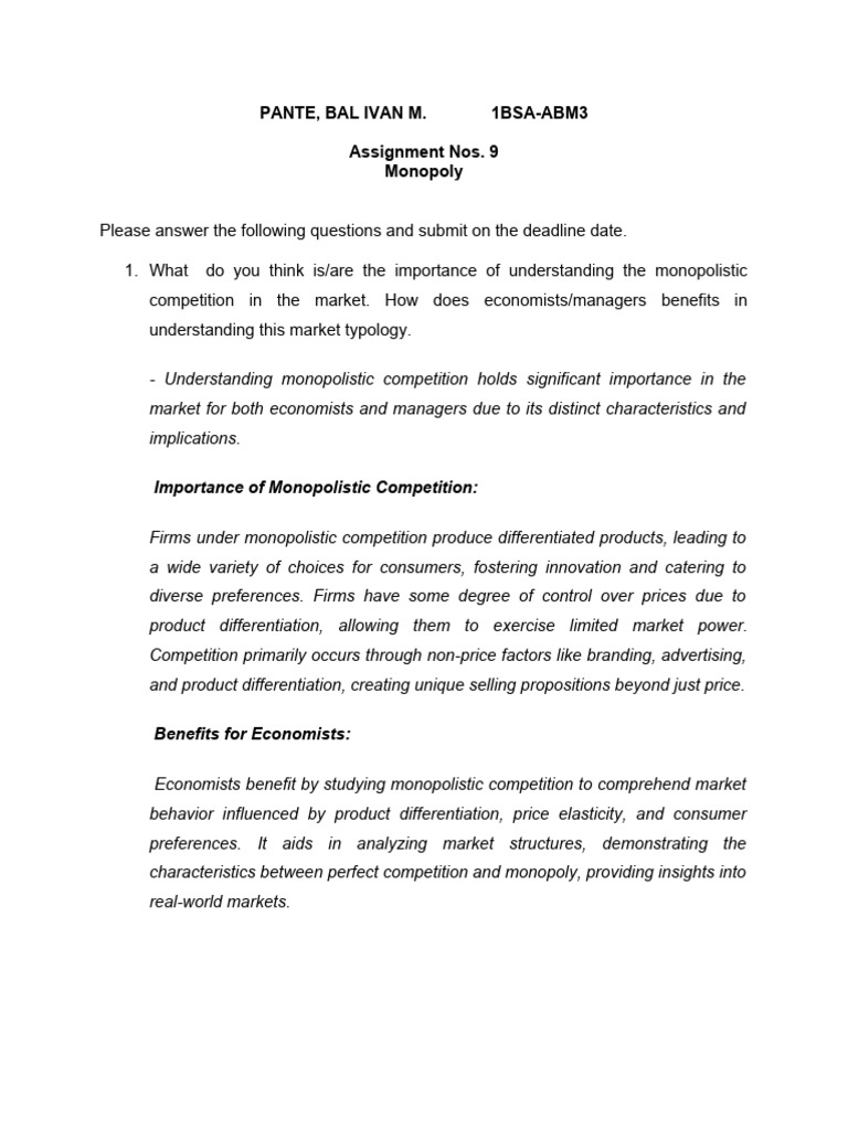 ANSWER To Assignment Nos. 10 Monopoly | PDF | Profit (Economics) | Monopoly