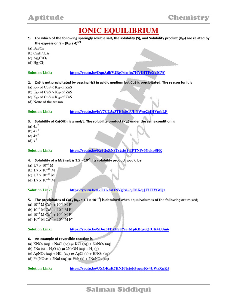 Aptitude 9 - Ionic Equilibrium (Solution Link) | PDF | Solubility ...