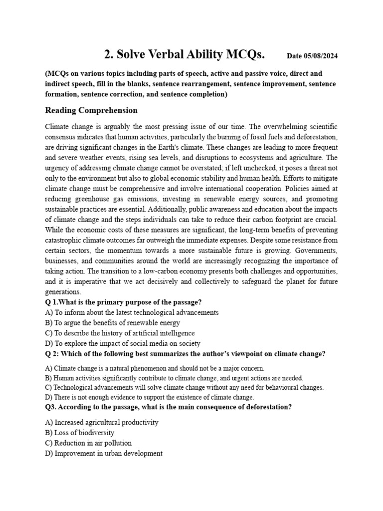Solve MCQs On Verbal Ability | PDF | Climate Change | Climate Change Mitigation