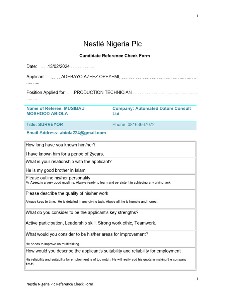 Share Candidate Reference Check. Form. MR Musibau Moshood Abiola | PDF ...