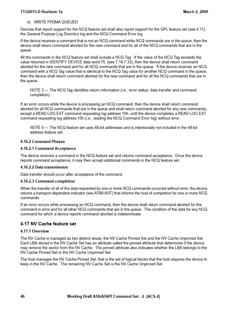 T13/2015-D Revision 1a March 2, 2009: 4.17 NV Cache Feature Set | PDF | Cache (Computing) | Booting
