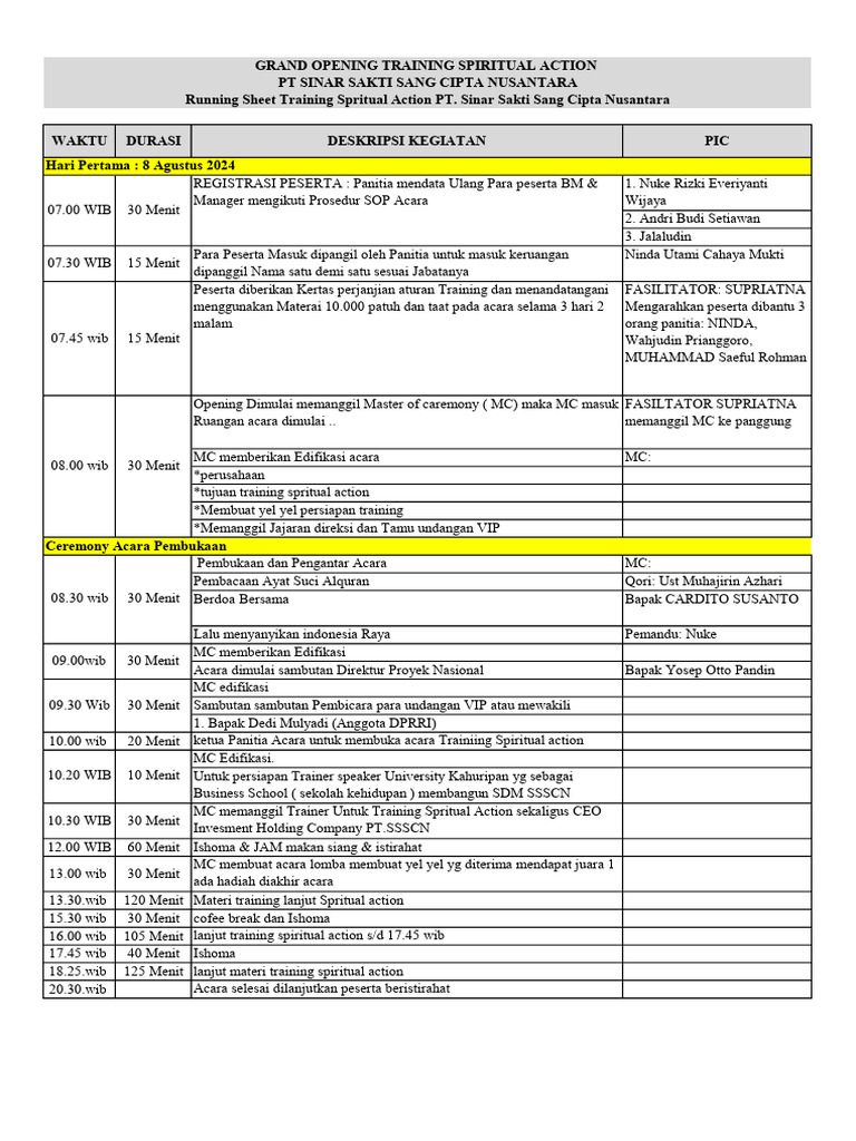 Jadwal Training Spiritual Action SSSCN | PDF