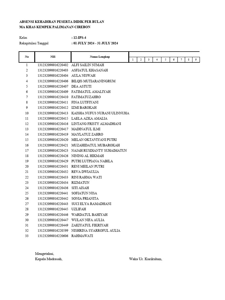 Rekap Presensi Siswa BULAN - 30 Juli 2024, 01 - 17 Siang | PDF