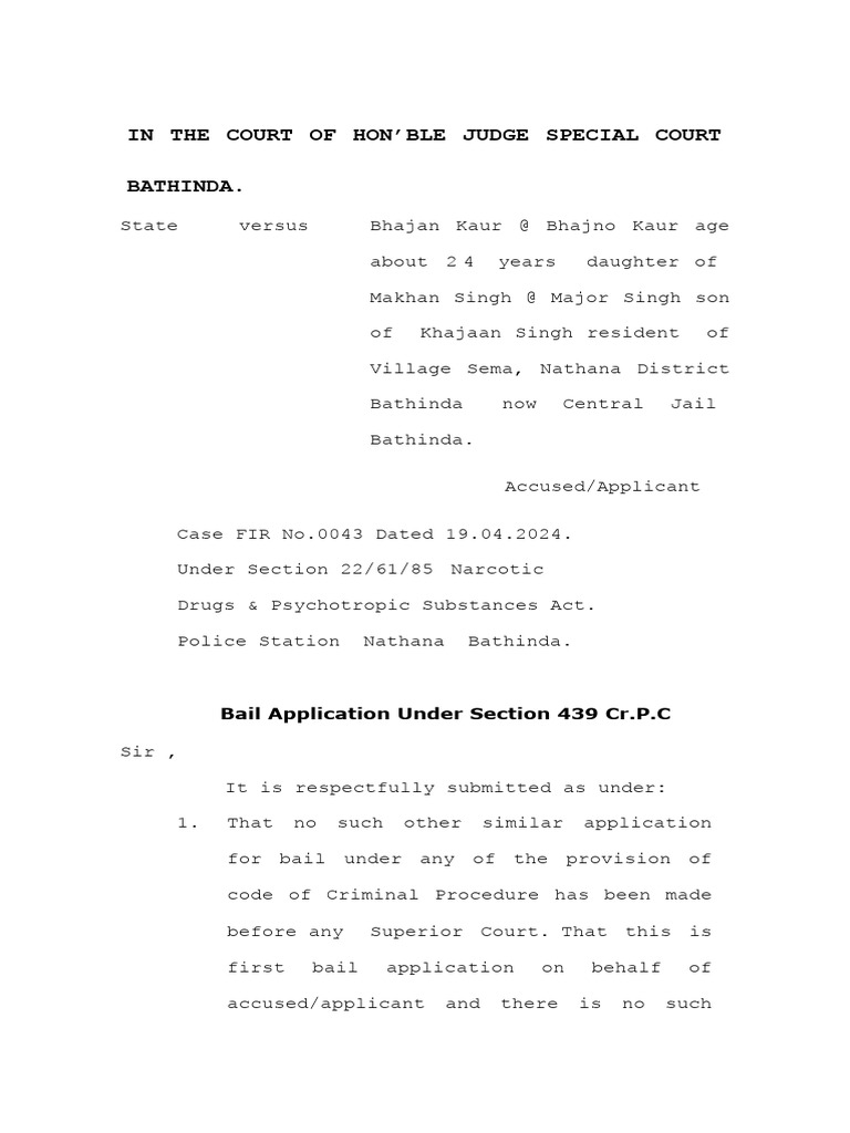 Bail Application for NDPS Case | PDF | Bail | Criminal Procedure In ...