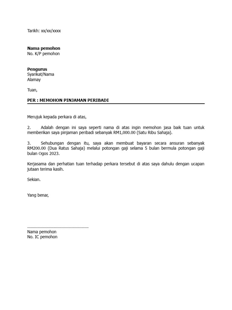 Contoh Surat Memohon Pinjaman Peribadi | PDF