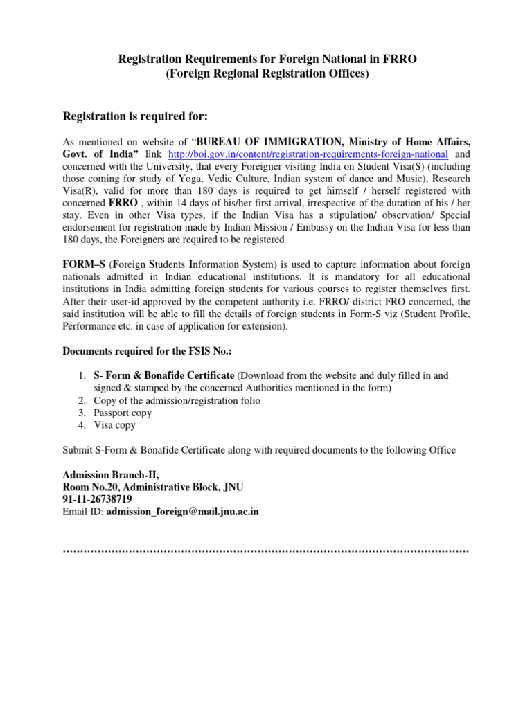 FRRO Registration for Foreign Students in India | PDF | Travel Visa ...