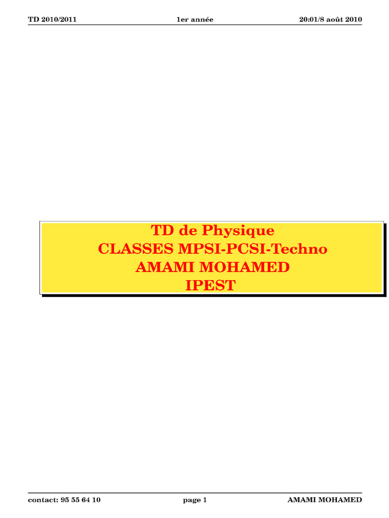 TD de Physique Classes Mpsi-Pcsi-Techno Amami Mohamed Ipest - PDF ...