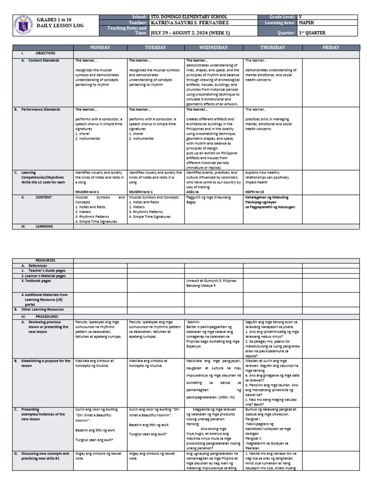 DLL - Mapeh 5 - Q1 - W1 | PDF