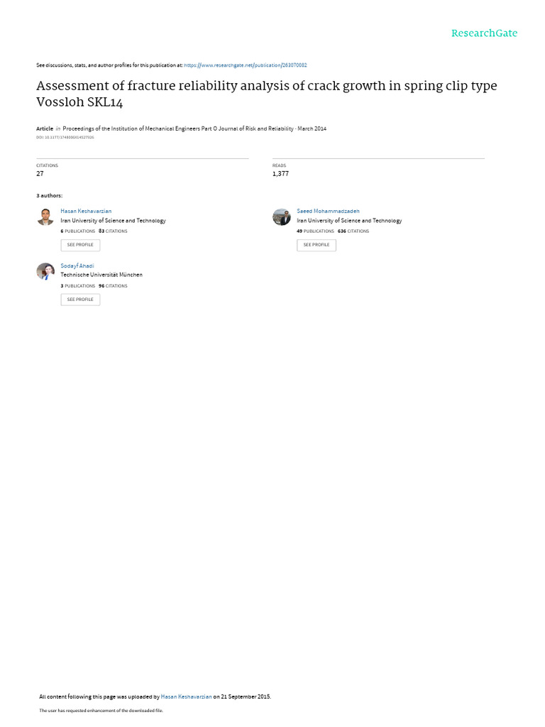 2014 Assessment of Fracture Reliability A | PDF | Fatigue (Material) | Fracture Mechanics
