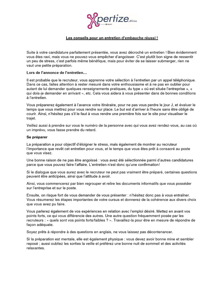 Conseils pour réussir un entretien d'embauche | PDF | Entretien d'embauche