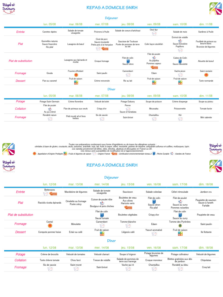 Menus-REPAS A DOMICILE SNRH | PDF | sauce | Légumes