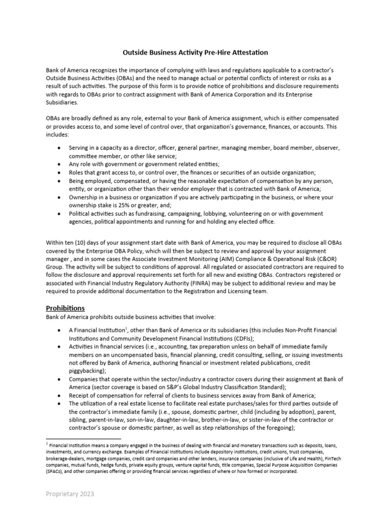 OBA Pre-Hire Disclosure Document - 5.4.2023 | PDF | Banks | Bank Of America