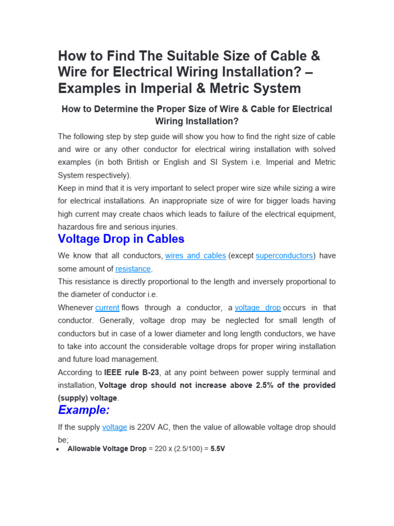 How To Find The Suitable Size of Cable | PDF | Electrical Wiring | Voltage