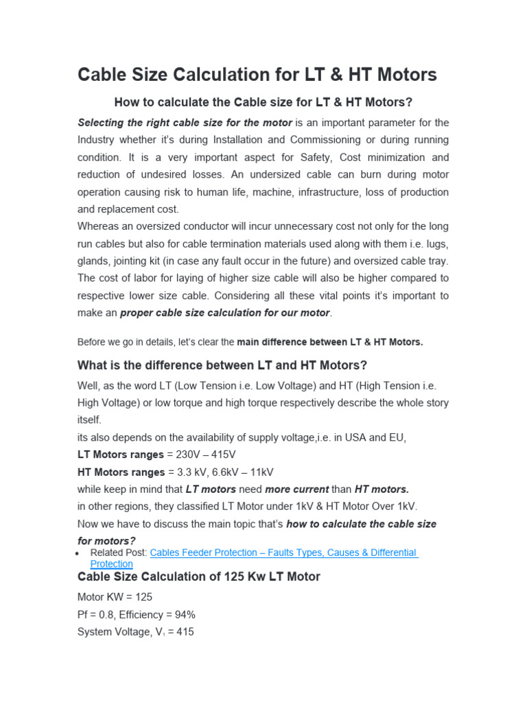 Cable Size Calculation For LT - and - HT Motor | PDF | Electrical Resistance And Conductance ...