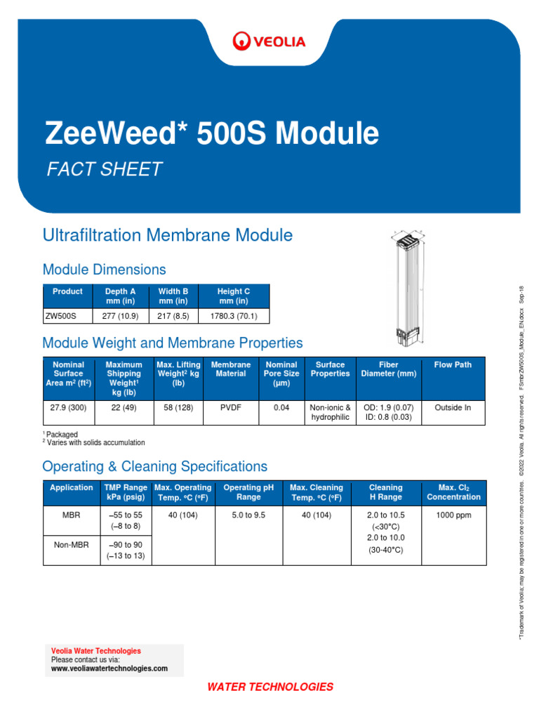 Veolia-ZeeWeed-Ultrafiltration-ZW500S-Module_Fact-Sheet | PDF