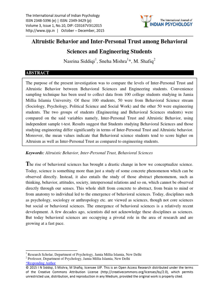 Altruistic Behavior and Inter-Personal Trust Paper | PDF | Altruism ...