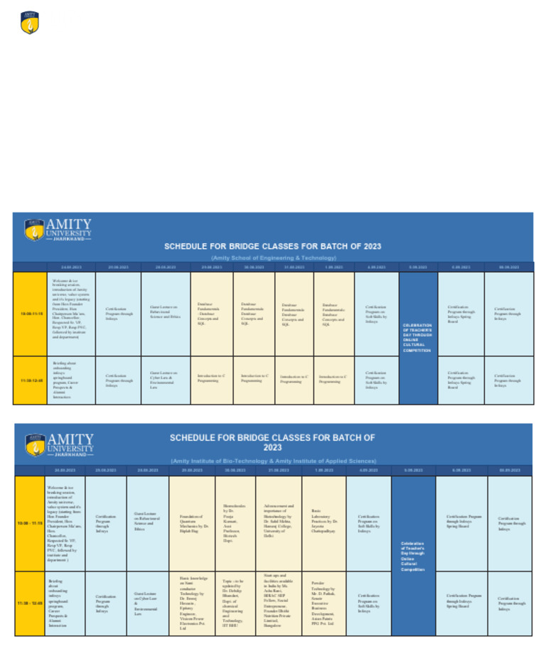 Bridge Classes Schedule 2023 Amity | PDF