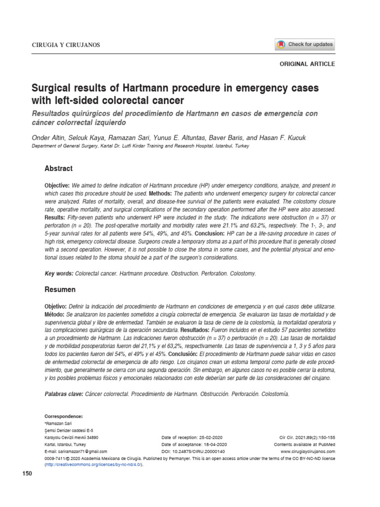 2020 - Surgical Results of Hartmann Procedure in Emergency Cases With ...