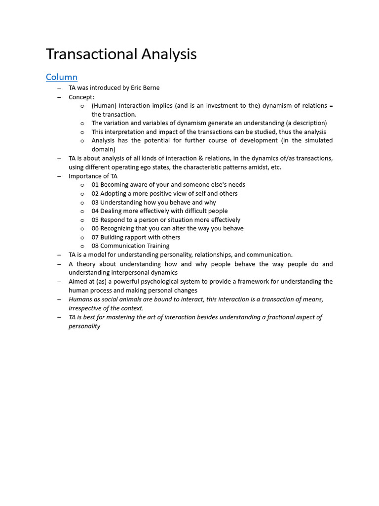 Transactional Analysis Notes | PDF | Self Esteem | Nonverbal Communication