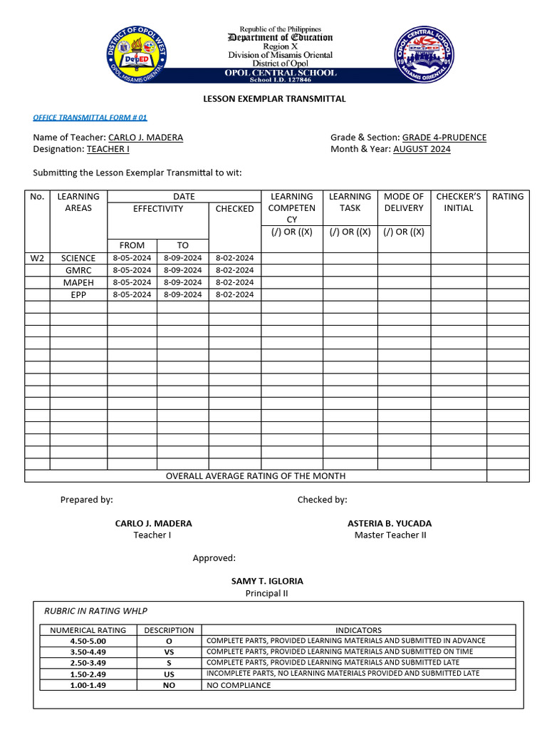 Lesson Exemplar Transmittal Form 2024 | PDF