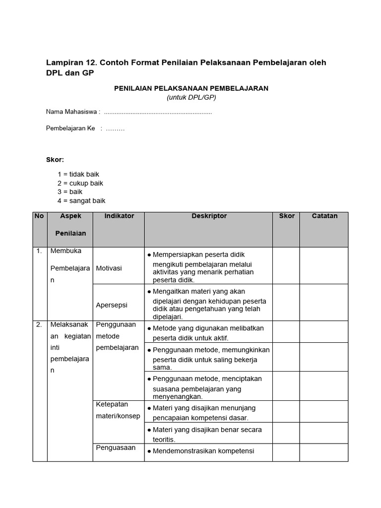 Lampiran 12 Contoh Format Penilaian Pelaksanaan Pembelajaran Oleh DPL Dan GP | PDF | Karier ...