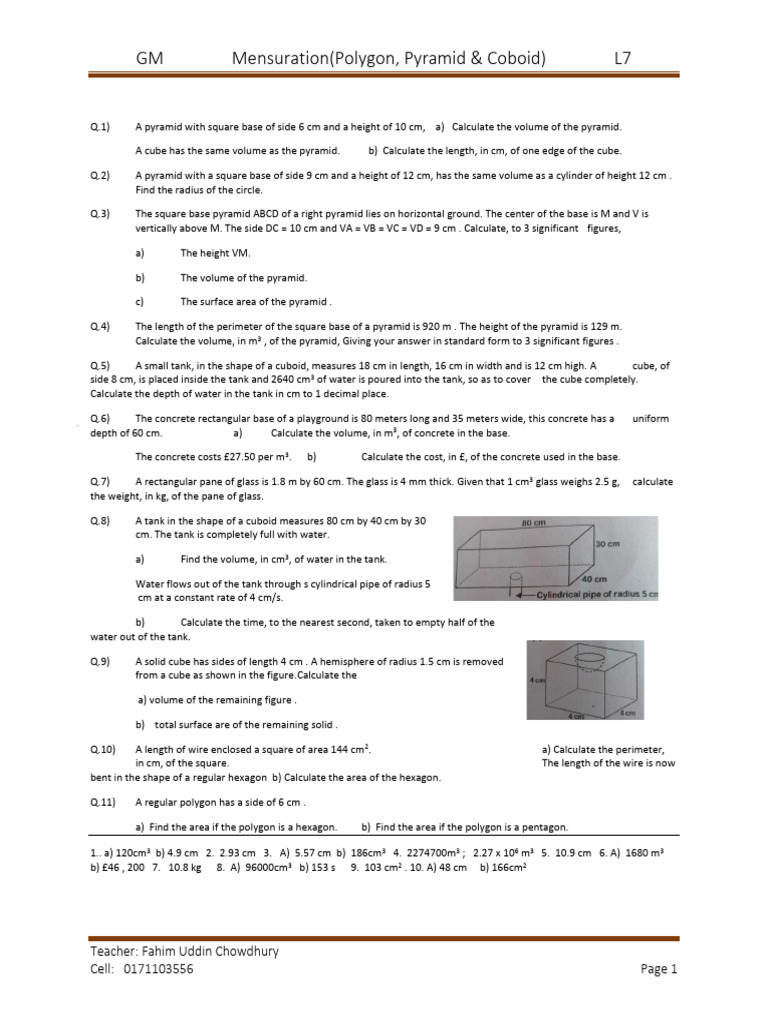 Mensuration L-7 (Polygon Pyramid and Cuboid) | PDF | Area | Volume