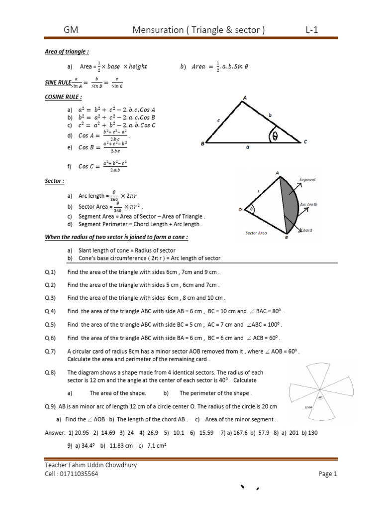 Mensuration L.1 ( (Triangle & Sector) ) | PDF | Area | Circle