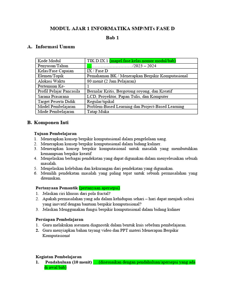 INFORMATIKA SMP - MTS KLS - IX - KM-MA (Modul Ajar) - Modul Ajar (MA ...