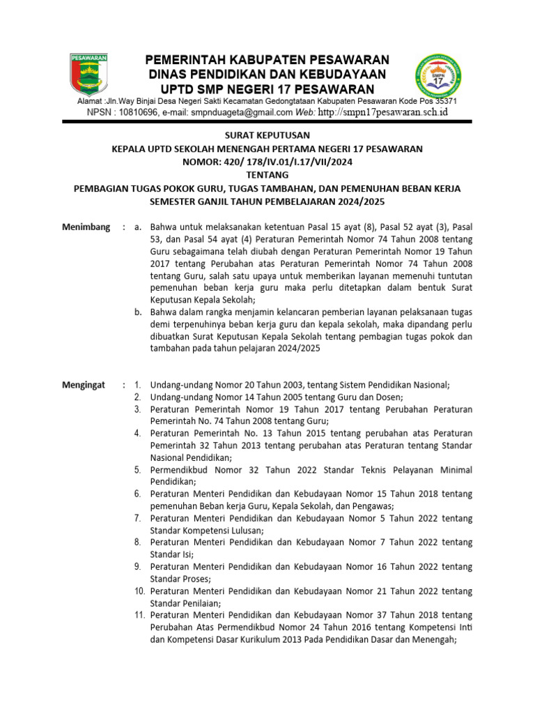 SK Pembagian Tugas Smt. Ganjil 2024-2025 | PDF