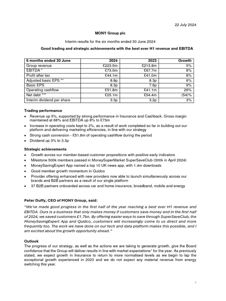 MONY Group - Interim 2024 Results Statement - 22nd July | PDF ...