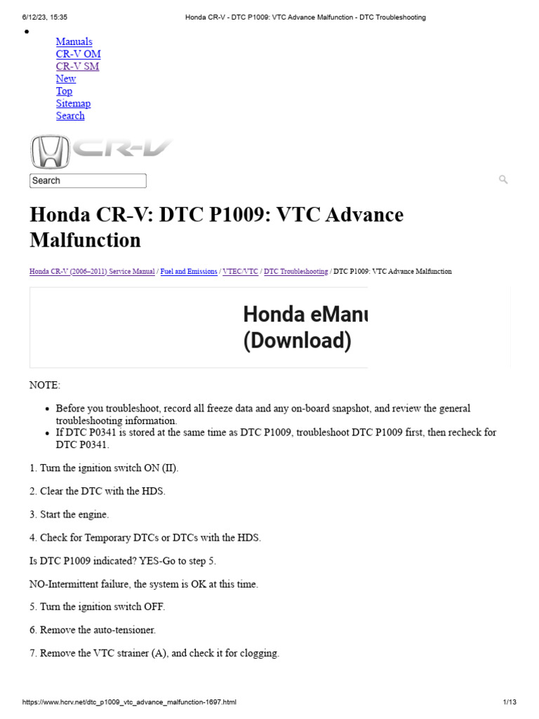 Honda CR-V - DTC P1009 - VTC Advance Malfunction - DTC Troubleshooting ...