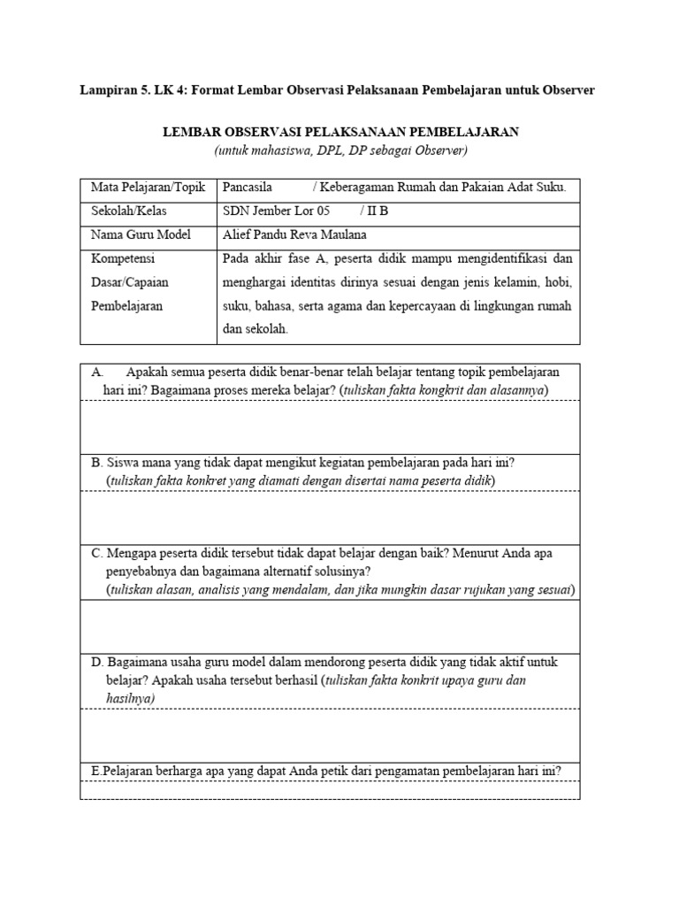 Lampiran 5. LK 4 Format Lembar Observasi Pelaksanaan Pembelajaran Untuk Observer | PDF