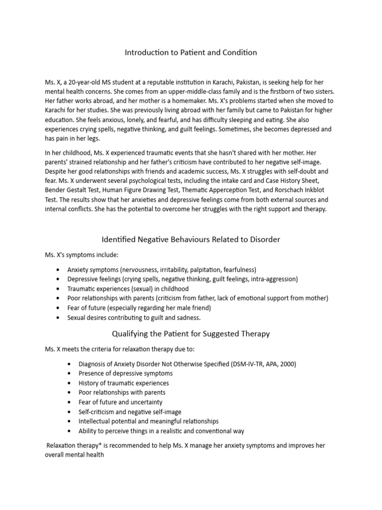 Introduction To Patient and Condition | PDF | Anxiety | Psychotherapy