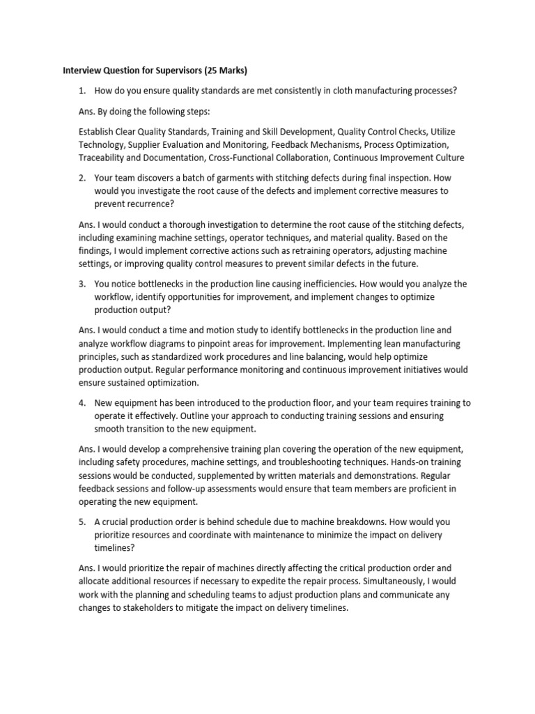 Interview Question For Supervisors | PDF | Sewing | Sewing Machine