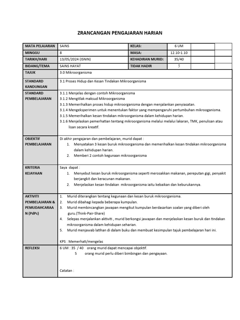 RPH Sains Tahun 6 Pak-21 (Mikroorganisma) | PDF
