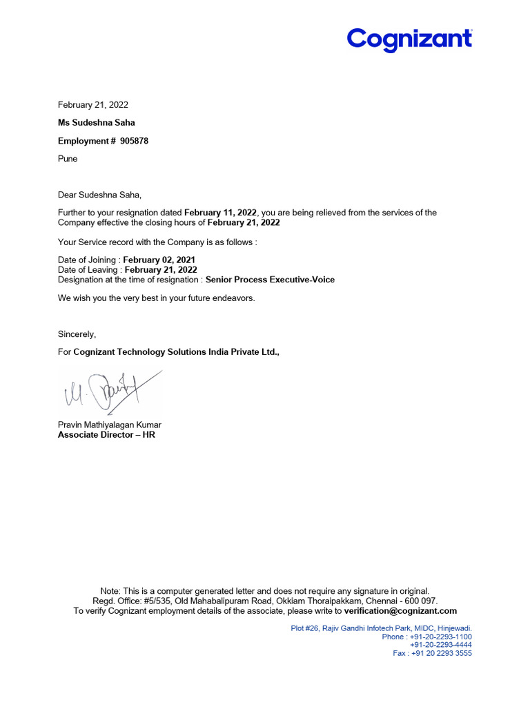 Cogbizant EXP Letter | PDF