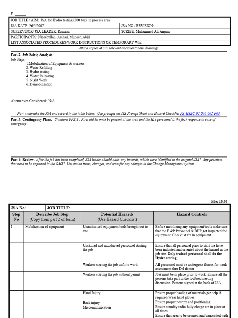 JSA For Hydro Testing (300 Bar) in Process Area | PDF | Safety ...