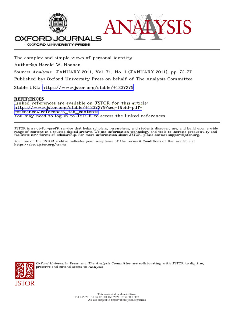 The Complex and Simple Views of Personal Identity | PDF | Existence ...