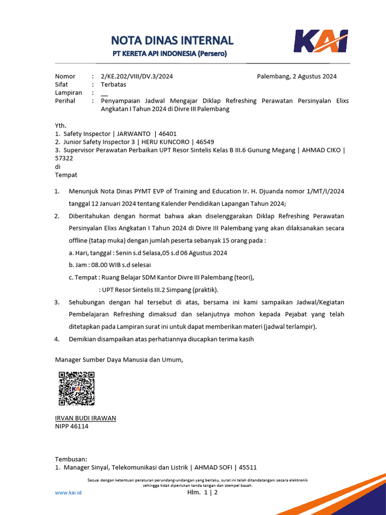 Nota Dinas Internal: PT Kereta Api Indonesia (Persero) | PDF