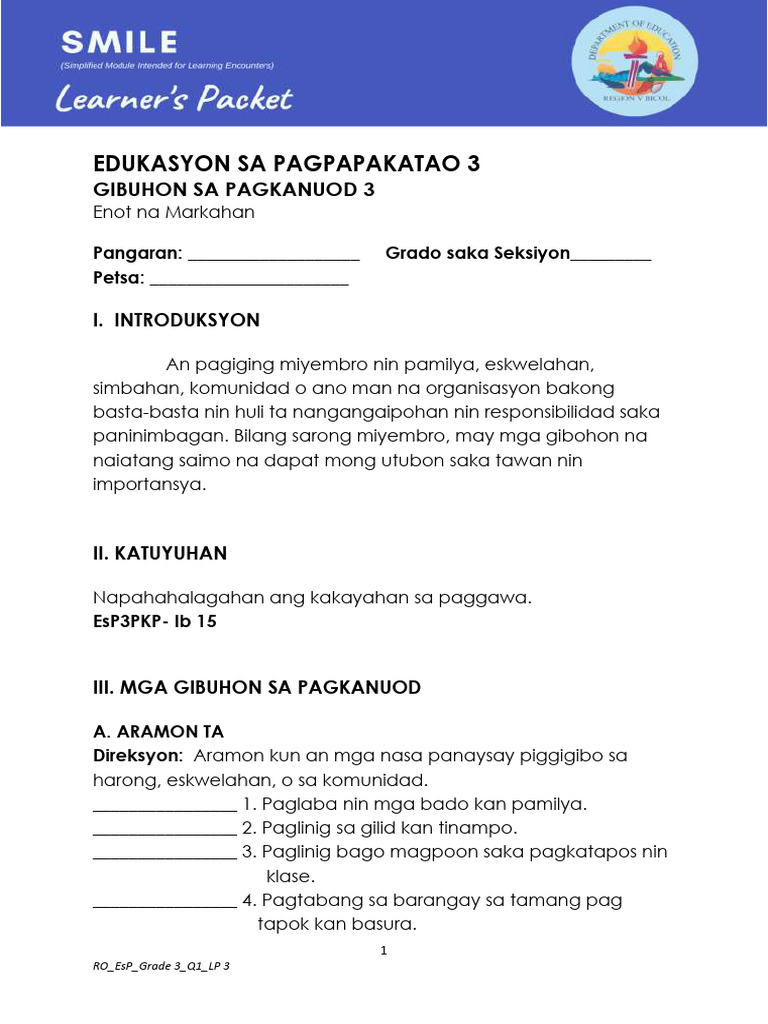 LP3 in EsP 3 Q1 2 | PDF