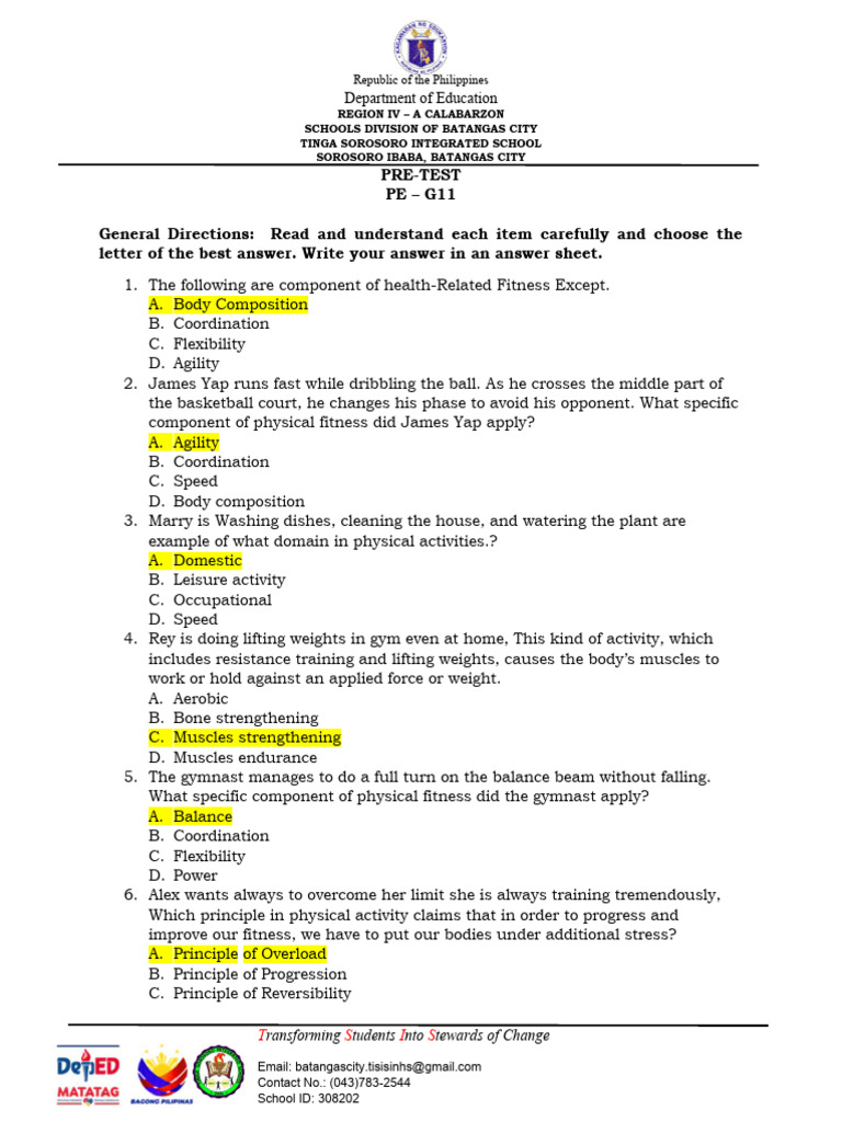 Pre-Test For G11 PE1. - Key | PDF | Strength Training | Physical Fitness
