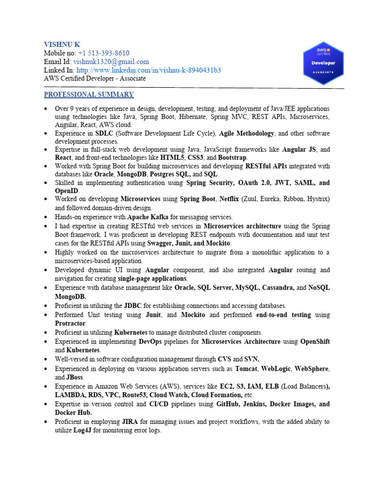 Vishnu Resume Pdf Spring Framework Java Programming Language 2295