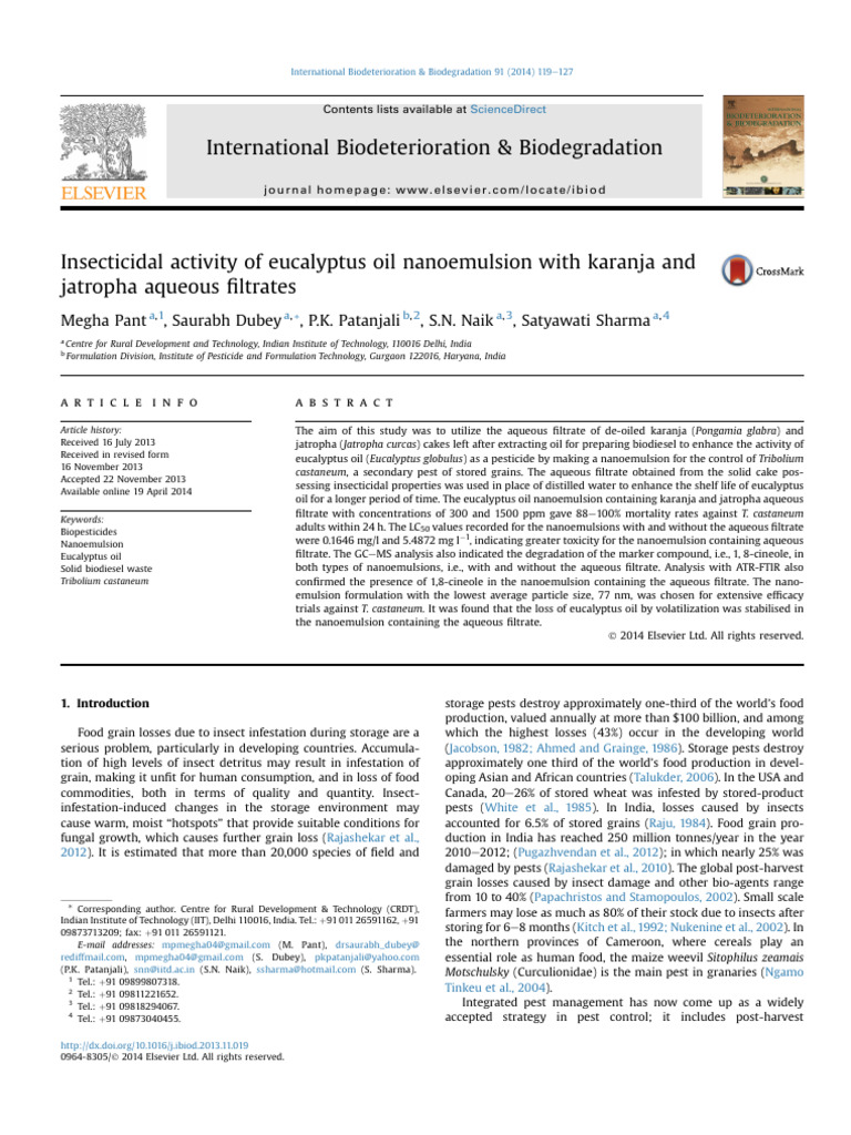 2014 - Eucalyptus Nanoemulsion - Patanjali Sir Paper | PDF | Pesticide