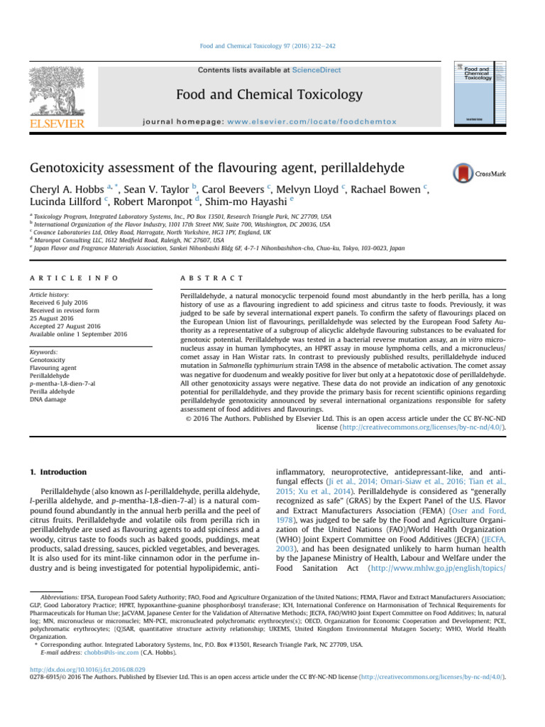 2016 - Genotoxicity Assessment of The Flavouring Agent, Perillaldehyde | PDF | Biology