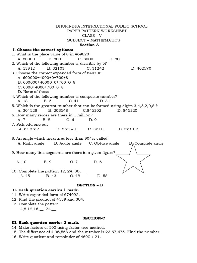 Class 5 Math Worksheet: Paper Pattern | PDF | Numbers | Division ...