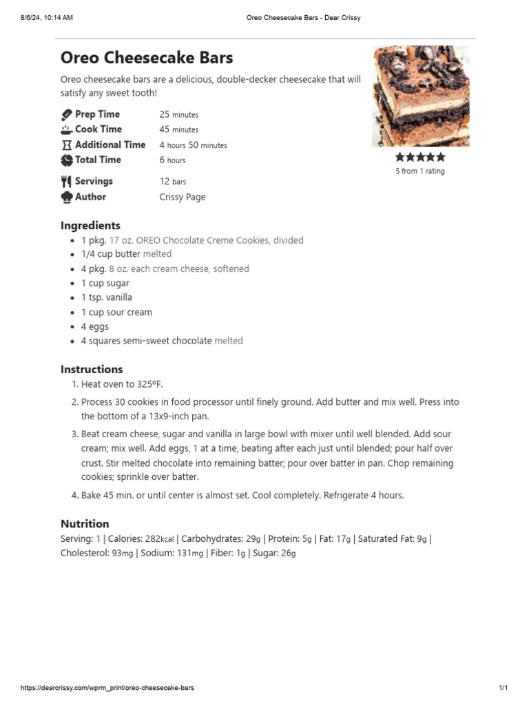 Oreo Cheesecake Bars - Dear Crissy | PDF