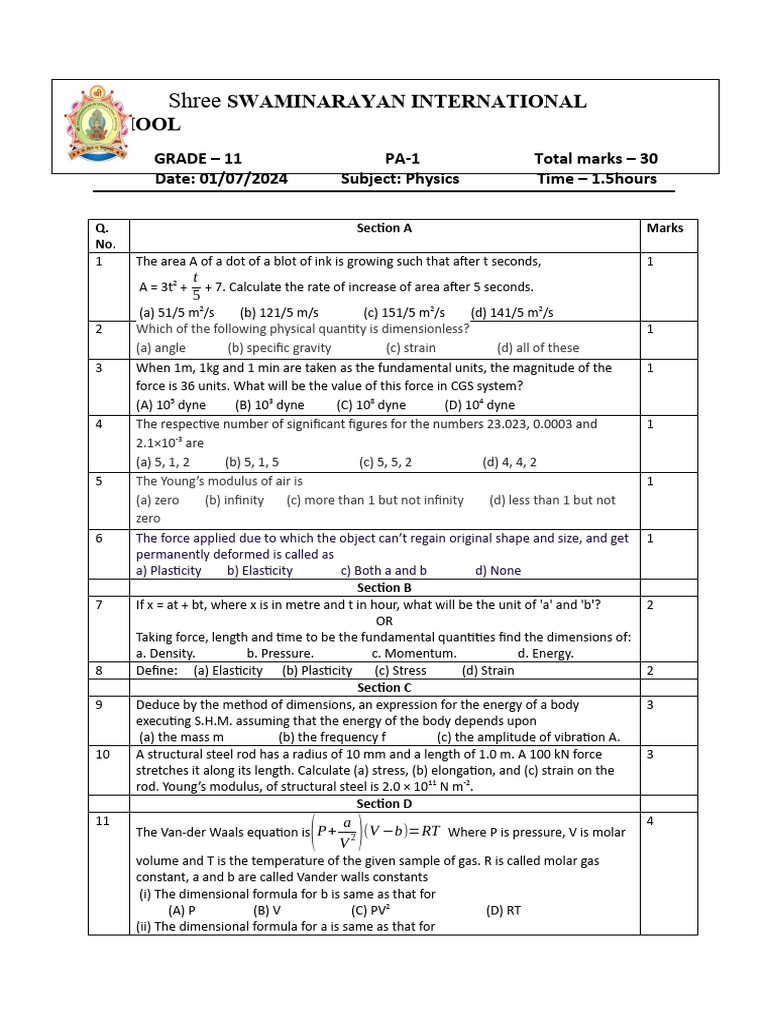 Grade 11 Physics PA-1 Exam Paper | PDF | Elasticity (Physics) | Stress ...