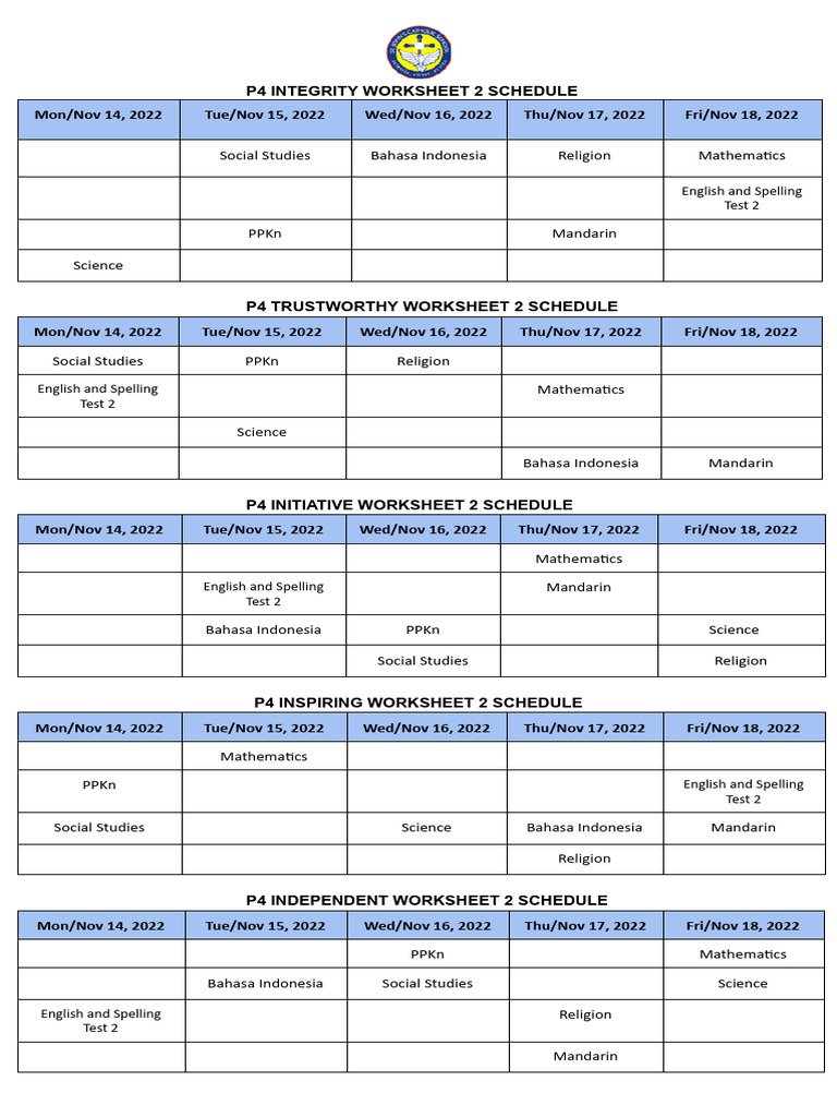 Primary 4 Worksheet 2 - Term 2 Schedule | PDF