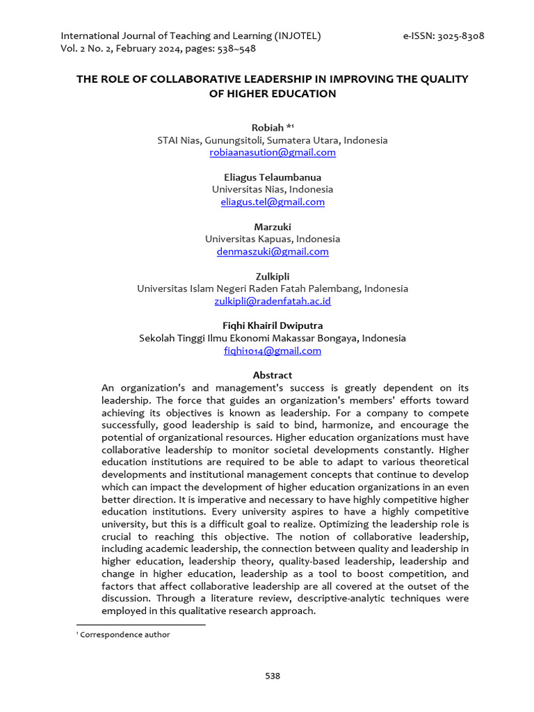 The Role of Collaborative Leadership in Improving The Quality of Higher ...