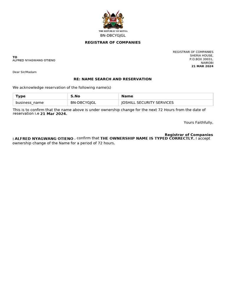 BN-DBCYGJGL-Name Reservation Certificate | PDF